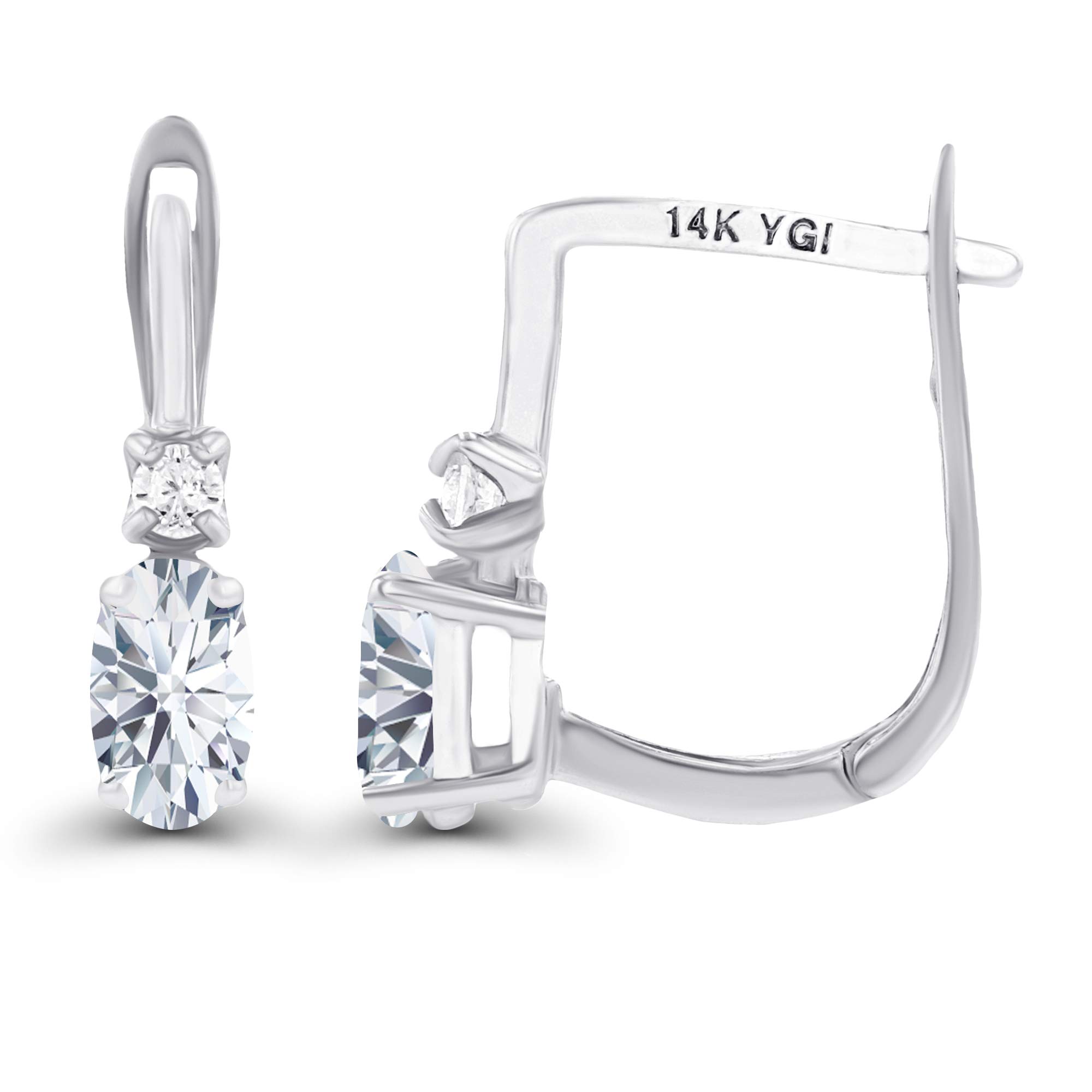 Solid 14K Rose Gold 5x3mm Oval Created White Sapphire Birthstone Huggie Earrings For Women & 2mm Created White Sapphire Huggie Hoop Earrings For Women