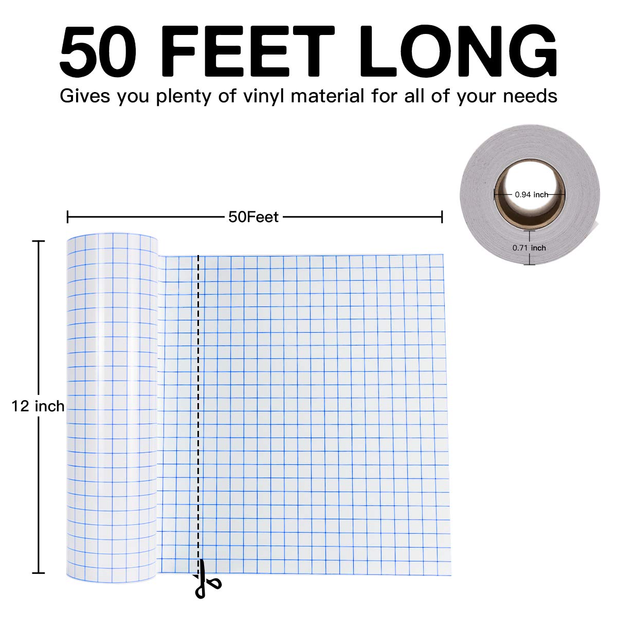 Transfer Tape for Vinyl - 12” x 50 FT w/Blue Alignment Grid Vinyl Transfer Tape, Medium Tack Clear Transfer Tape for Self Adhesive Vinyl for Signs Stickers Decals