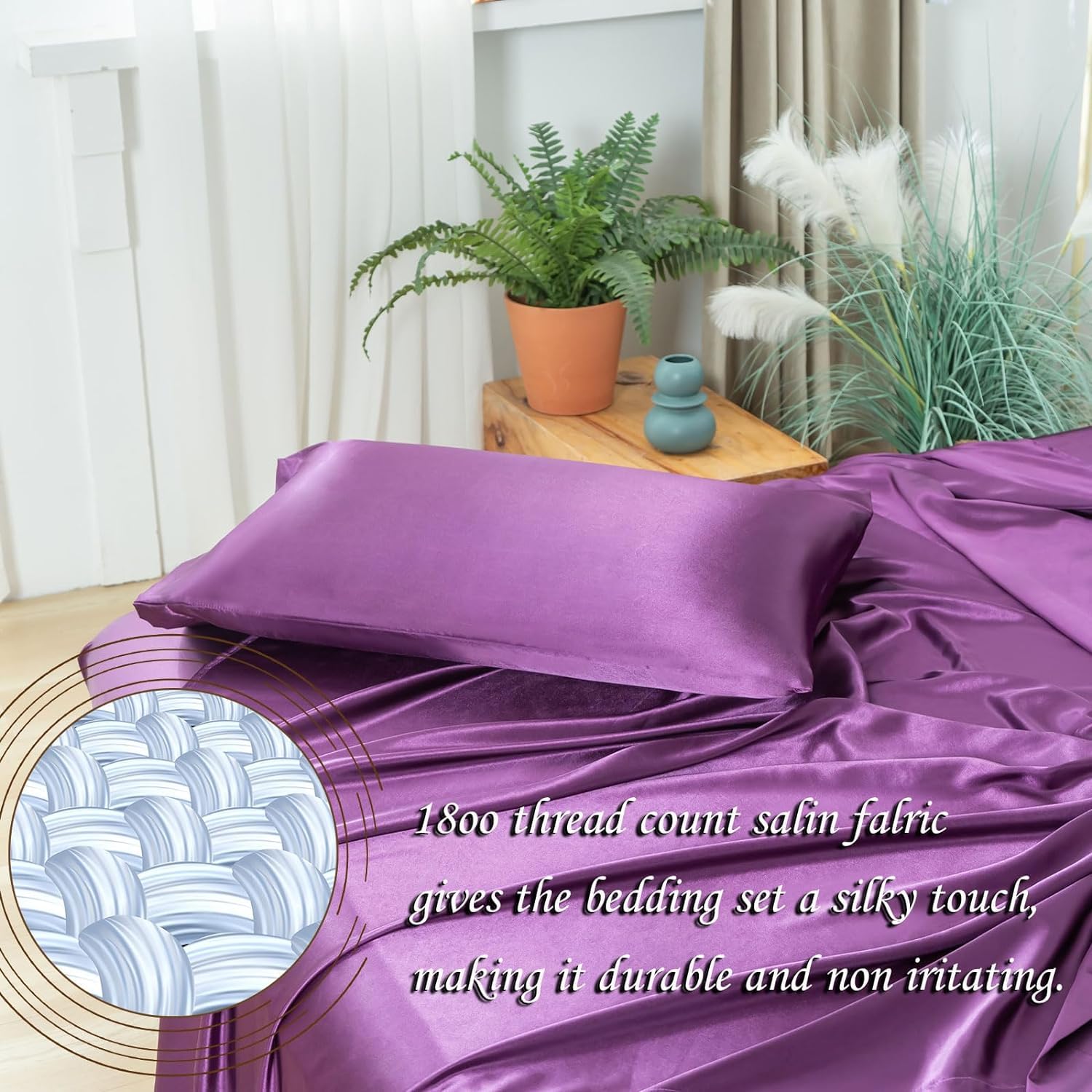 Revdomfly 4 Pcs Full Size Luxury Silky Soft Purple Satin Sheet Set,1 Premium Moisture Wicking Fitted Sheet Fits Up to 16 Inches Deep Pocket + 1 Flat Sheet + 2 Pillowcases(Purple, Full)