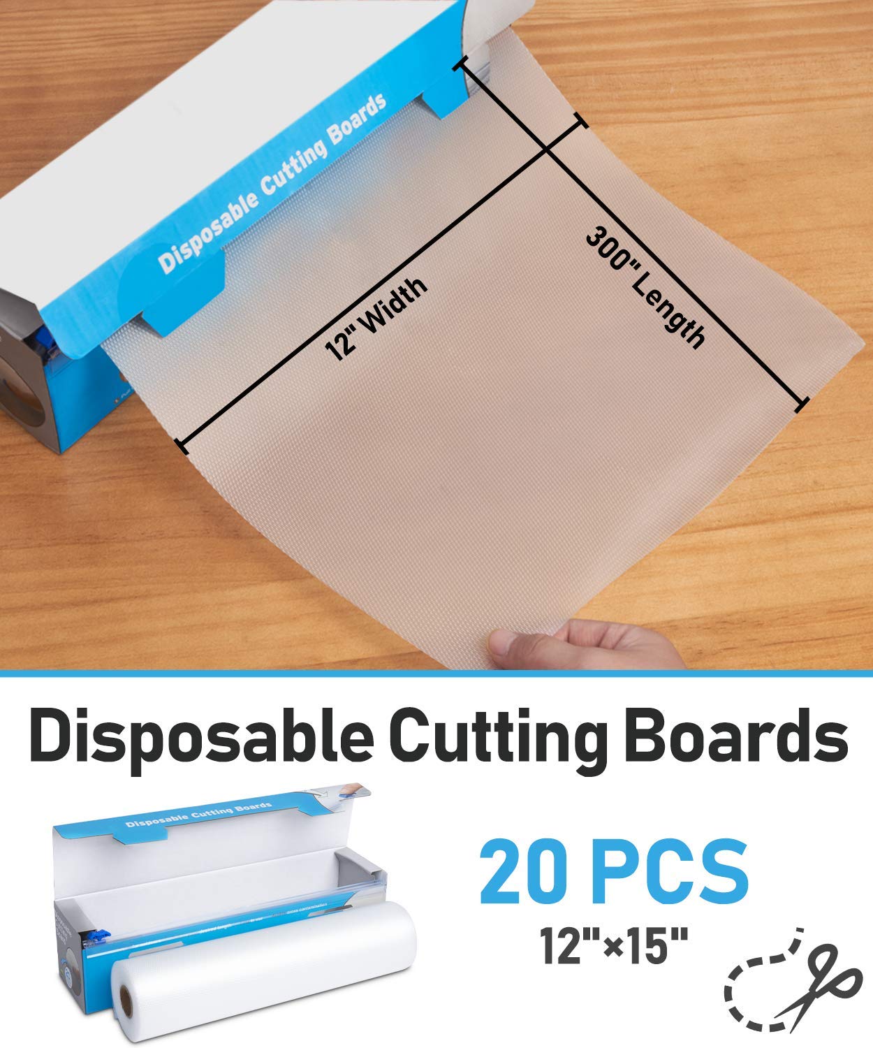 X Home Disposable Cutting Board with Built-In Cutter, for Kitchen, Camping, BBQ, RV, Traveling, Outdoor Activities, Food Grade Plastic, 12 In x 25 Ft