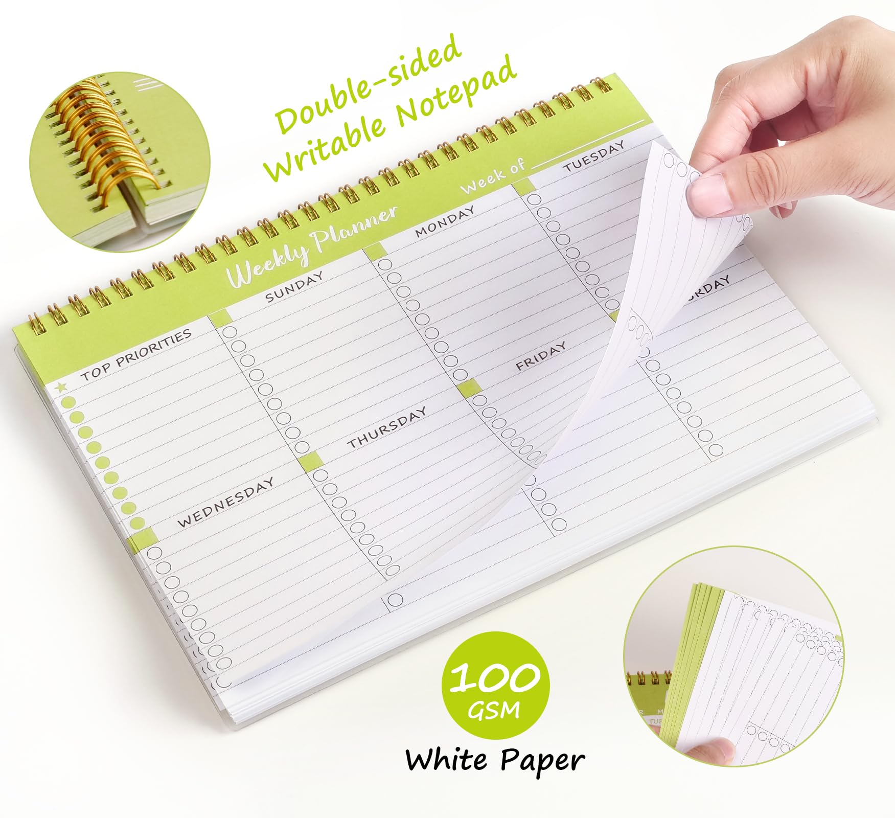 Weekly To Do List Notepad, Undated Weekly Desk Planner & Monthly Calendar, 60 Sheets 7 X 10" Task CheckList Notebook For Work Office Home, Sunday Start, Green