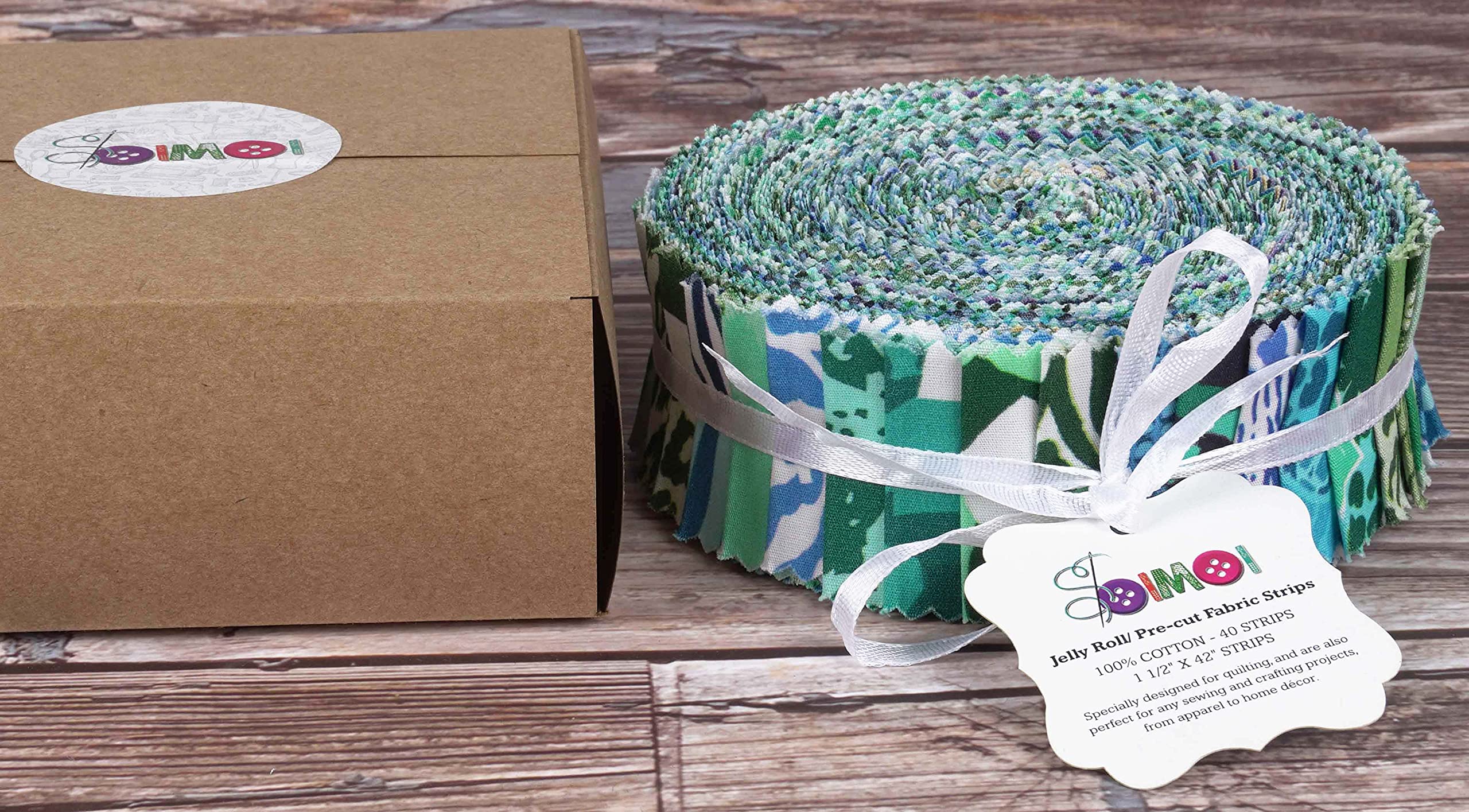 Soimoi 40Pcs Animals Print Precut Fabrics Strips Roll Up 1.5x42inches Cotton Jelly Rolls for Quilting - Teal Green