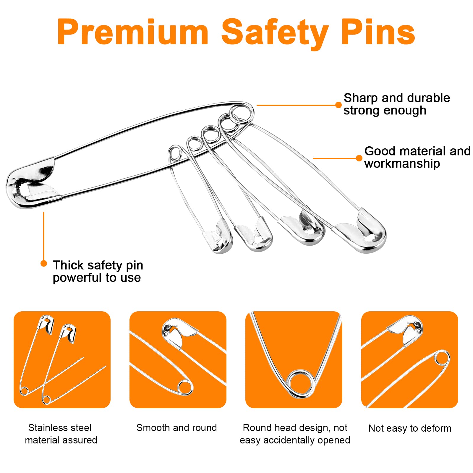 Safety Pins Assorted, Hiidayy 350PCS Nickel Plated Steel Large Safety Pins Heavy Duty, 5 Different Sizes Safety Pin, Safety Pins Bulk (Silver)