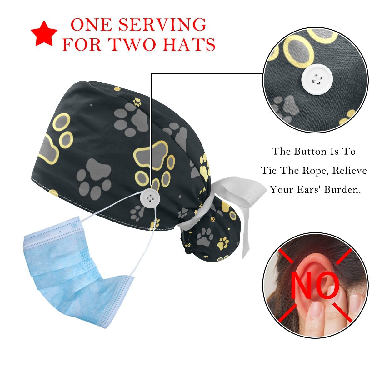 ZORE_FINE5 2 PCS Long Hair Working Cap with Buttons and Sweatband Ribbon Tie Back Hat Gold Dog Paw Print Bouffant Scrub Turban Caps