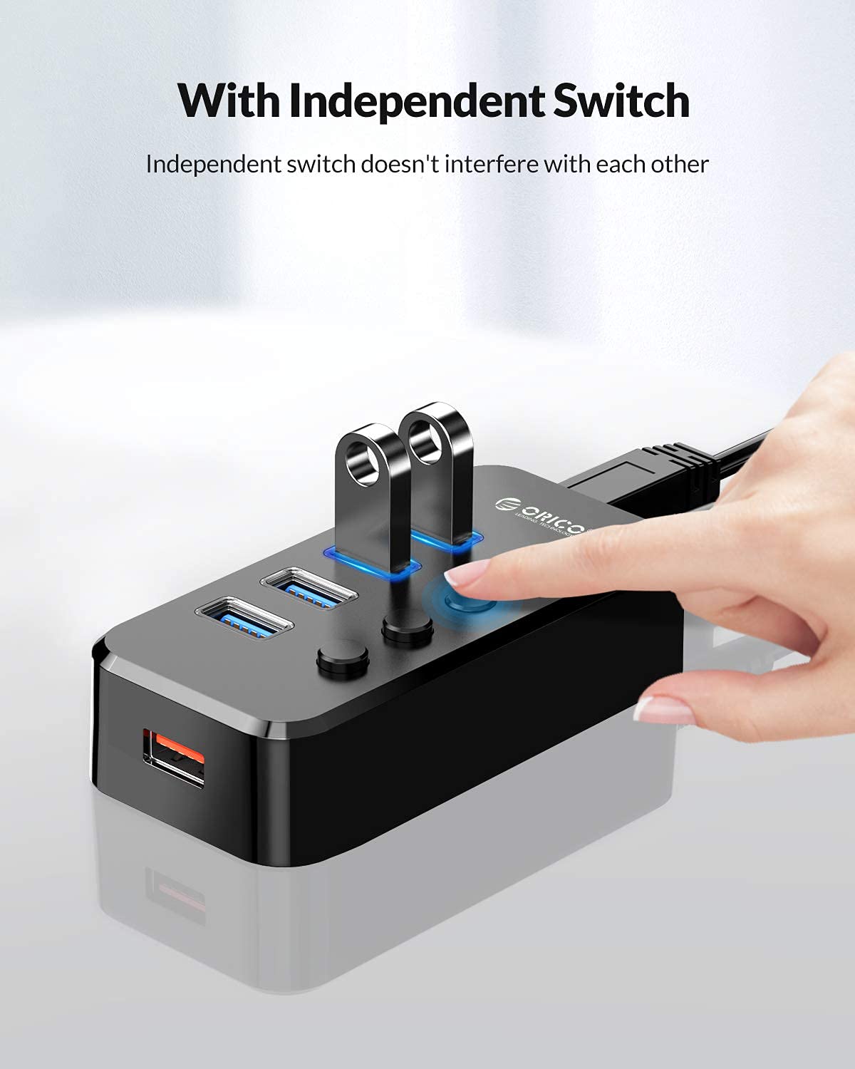 USB Hub 3.0, ORICO 4 Ports USB Data Hub + 1 USB Smart Charging Port, 39.37 Inch USB Extension Cable, 12V/2A Power Adapter and Individual On/Off Switches for PC, HDD, PS4 and More