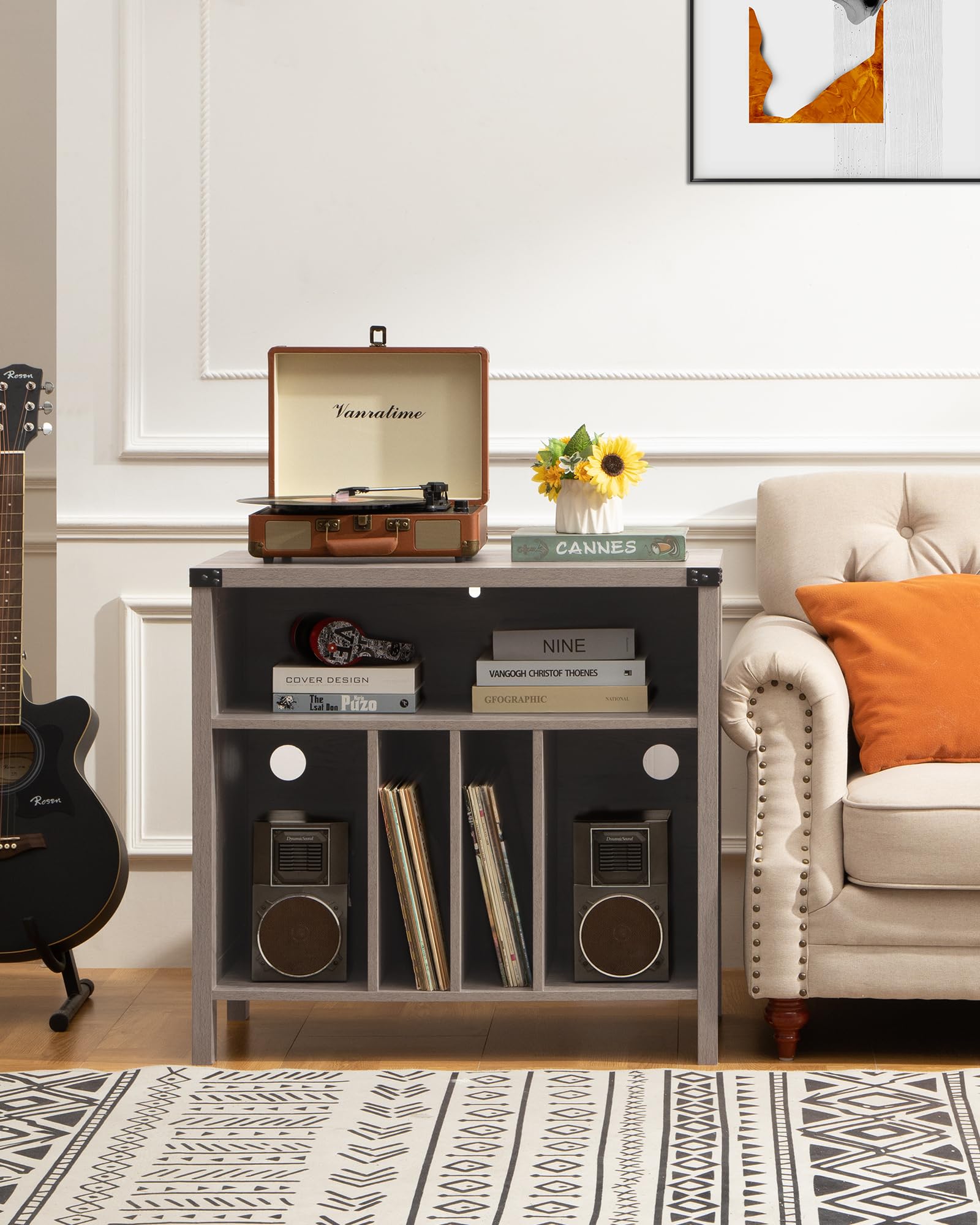 SICOTAS Large Record Player Stand Table with Vinyl Record Storage Turntable Stand Cabinet with Record Shelf Stereo Cabinet Display Shelf End Side Table Storage Cabinet for Living Room Bedroom Office