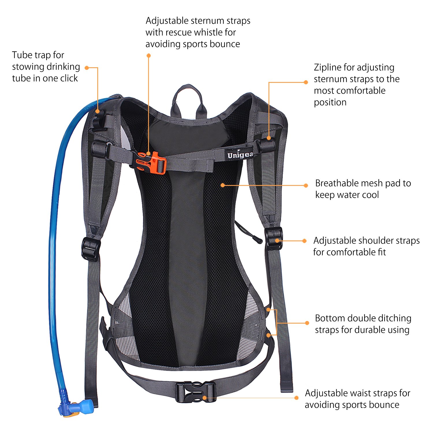 Unigear Hydration Pack Backpack with 70 oz 2L Water Bladder for Running, Hiking, Cycling, Climbing, Camping, Biking (Orange)