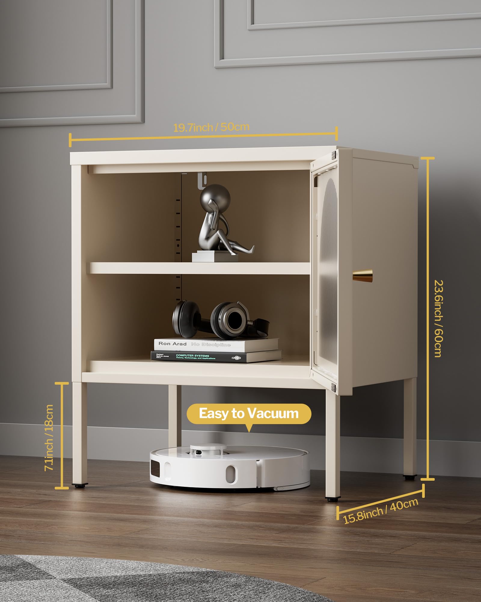 SICOTAS White Night Stand Bedside Table - Modern Nightstand with Cold-Rolled Steel Metal, Corrugated Tempered Glass Door, Storage Shelf, End Tables Side Tables with Storage Shelf for Bedroom