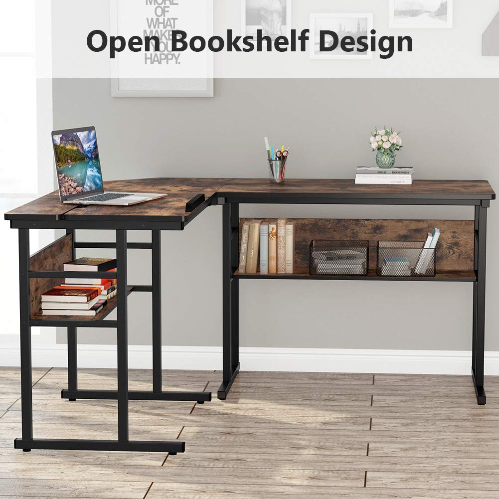 Tribesigns Industrial L-Shaped Desk with Bookshelf, 67 inch Double Corner Computer Office Desk Workstation Drafting Drawing Table with Tiltable Tabletop for Home Office(Rustic Brown)