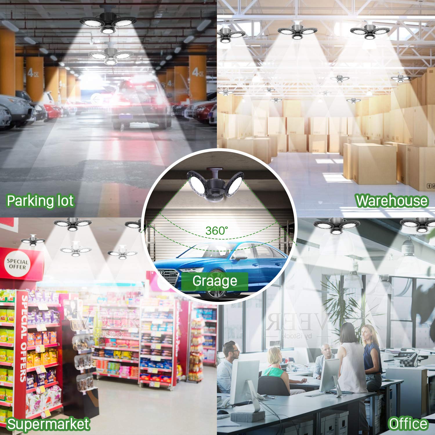 Triple Glow LED Garage Lights, New 6000Lumens Three Leaf Deformable Tribright Garage Light Ceiling LED with 3 Adjustable Panels, 60W E26 Illuminator 360 Garage Light Fixture for Garage, Barn, Shop