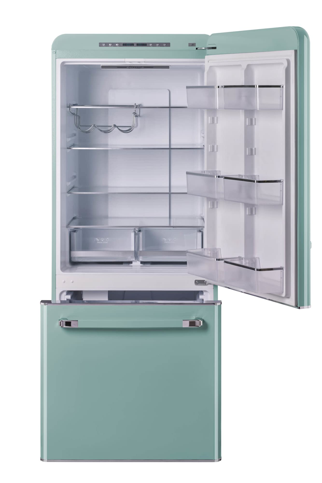 Unique Appliances UGP-510L W AC Classic Retro Electric Bottom-Mount Refrigerator, Marshmallow White; No Frost; Adjustable Glass Shelves; 18 cu. ft; Adjustable 3-bottle Wine Rack; LED Lighting
