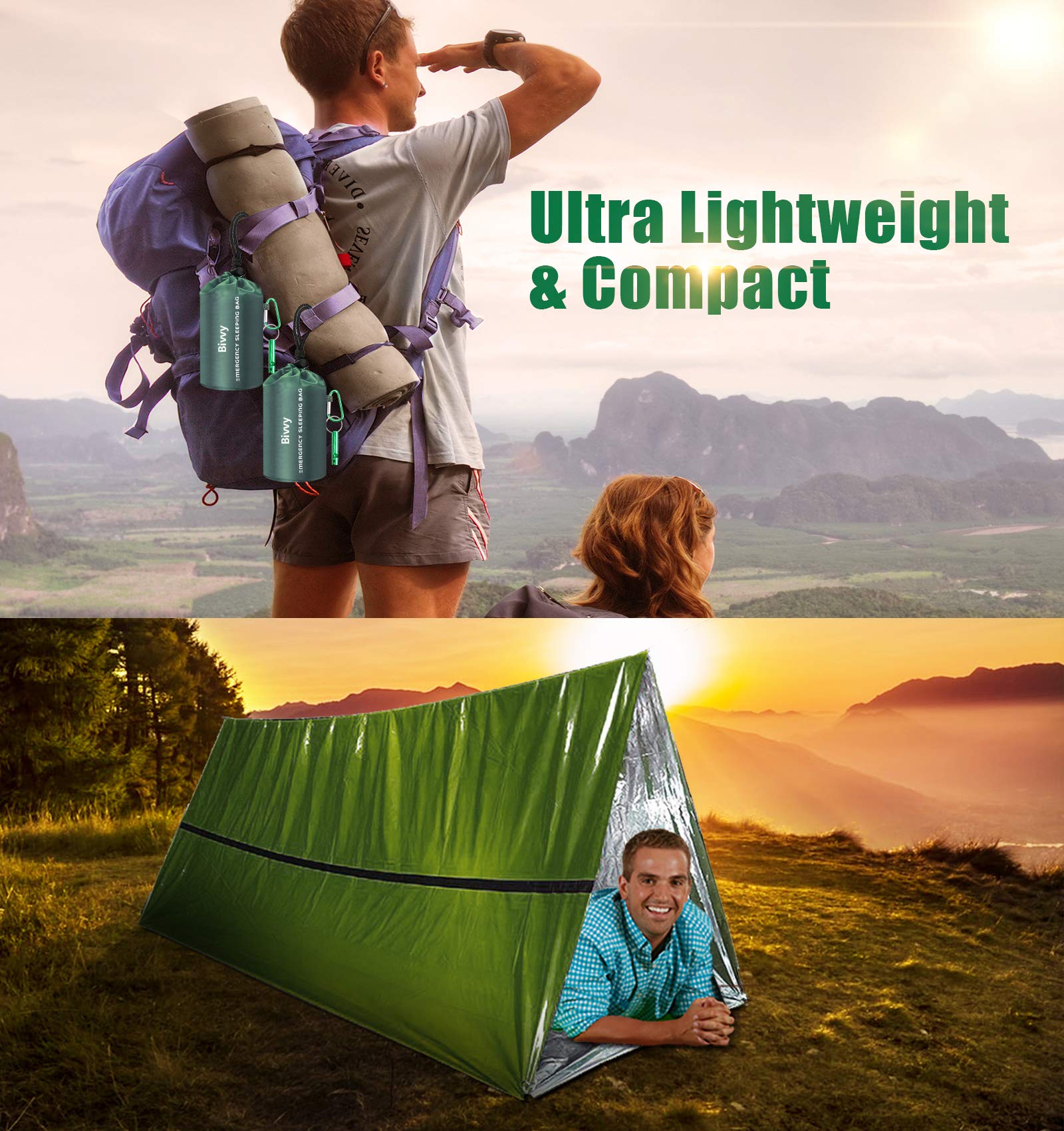 Timok Emergency Sleeping Bags Thermal-Emergency-Blankets 2 Packs Ultralight Space Blankets Survival Waterproof Outdoor Gear for Hiking, Camping, First Aid Kits, Green
