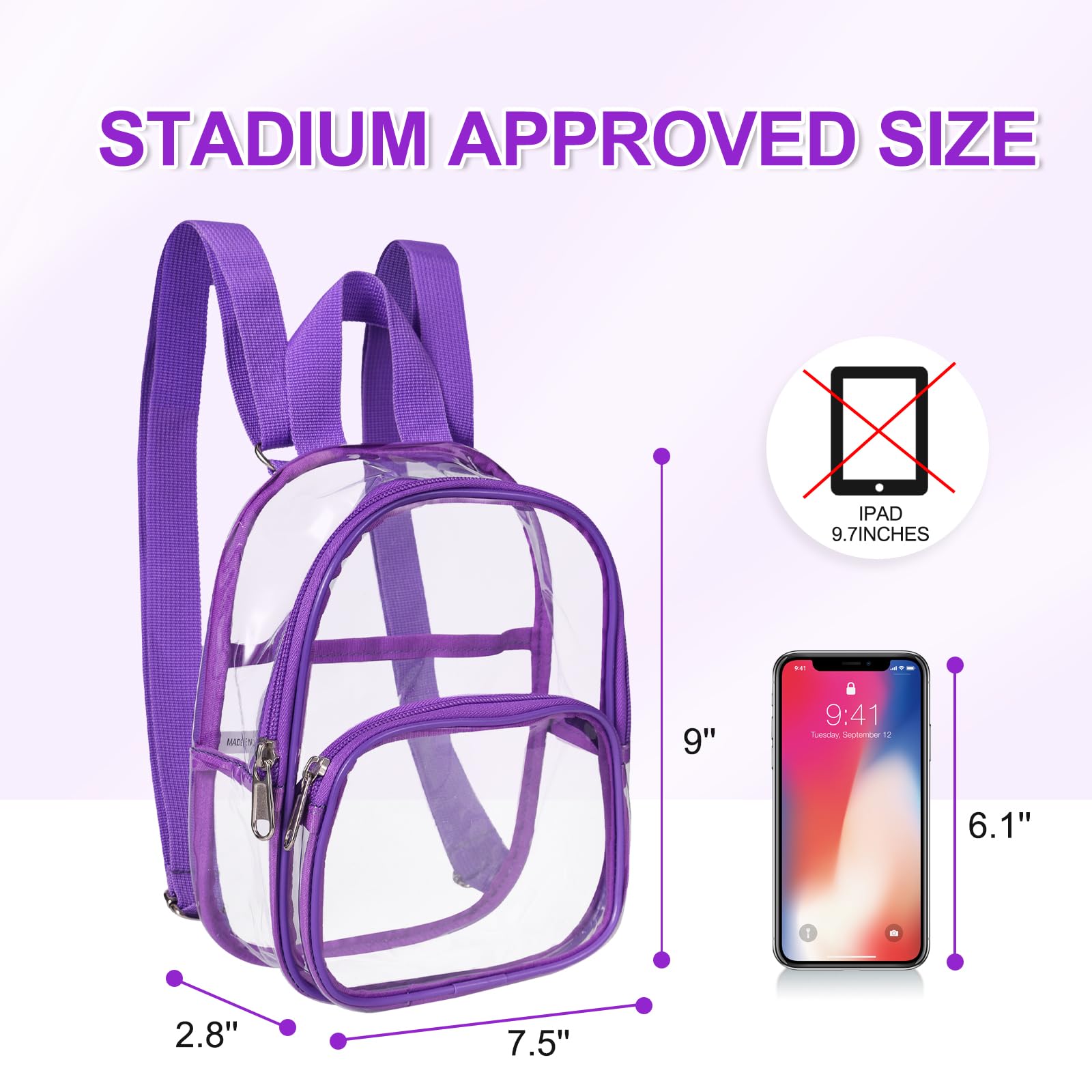 USPECLARE Clear Mini Backpack Stadium Approved, Size 7.5"x2.8"x9" for Girls, for Concert, Festival, Sport Events&Daily Use(Purple)