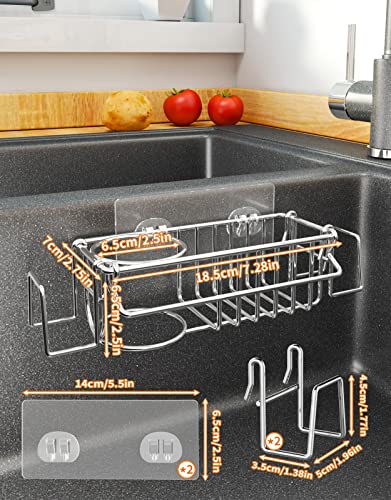 SWTYMIKI 5 in 1 Sink Sponge Holder for Kitchen, Stainless Steel Sink Caddy with Dishcloth Holder for Brush & Sponge in Kitchen Sink Sponge Organizer with 2 Strong Adhesives in Black