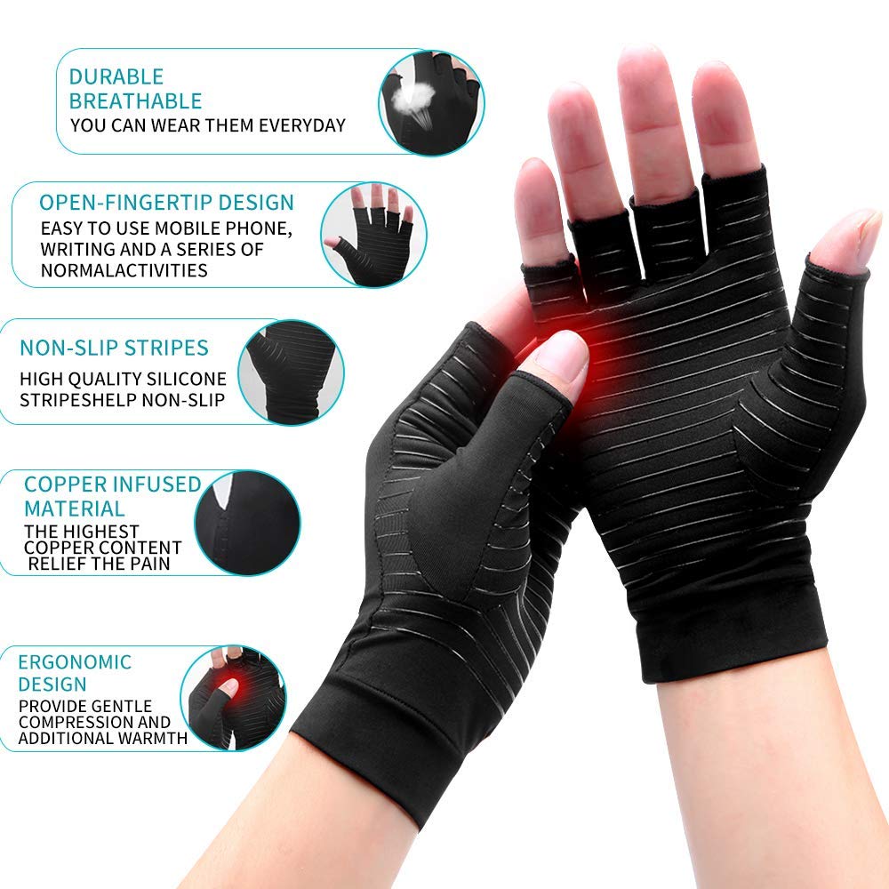 Ricbestlab Copper Arthritis Gloves for Women Men, Fingerless Breathable & Moisture Wicking Arthritis Compression Gloves for Computer Typing and Dailywork of Hands joint Support (Large)