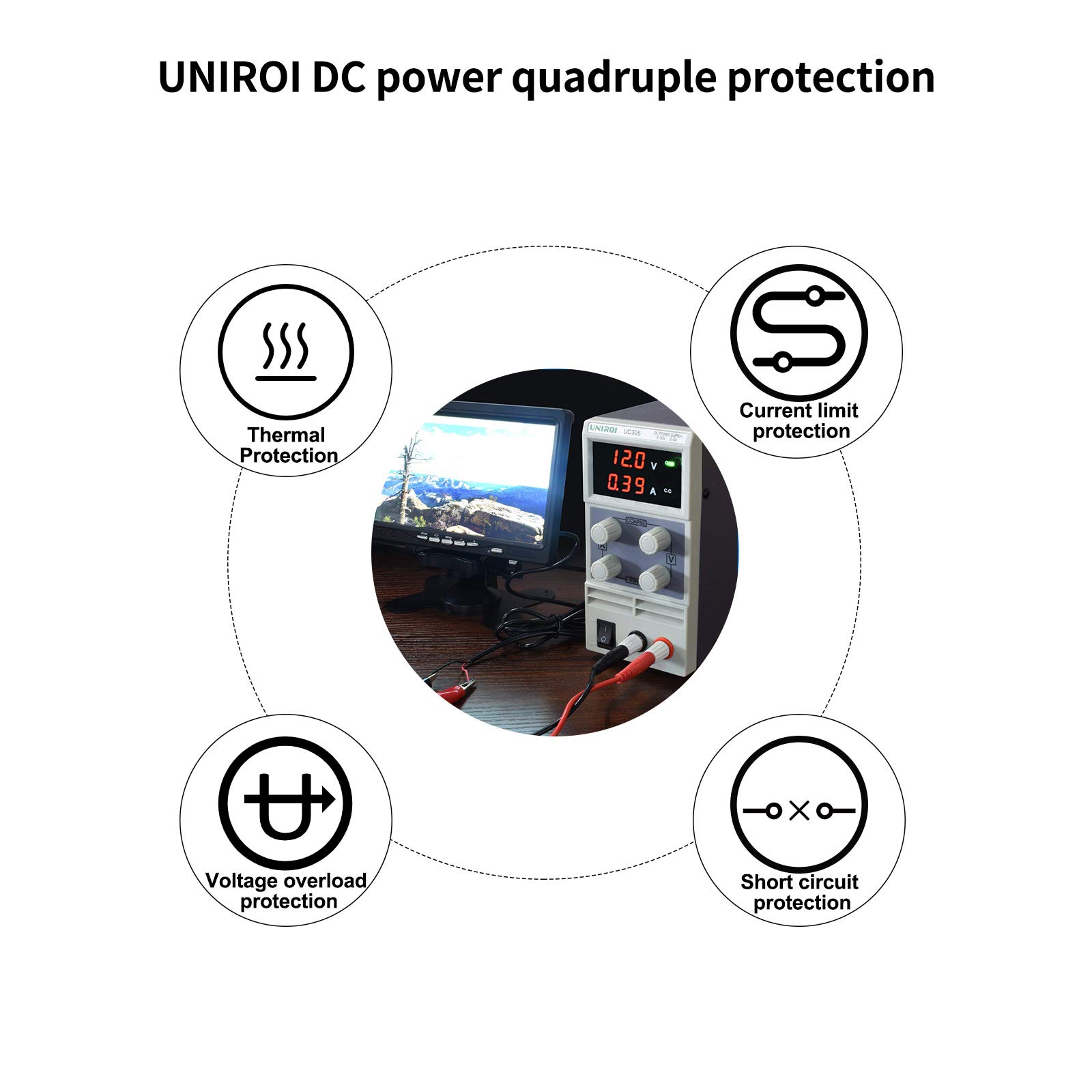 UNIROI DC Power Supply Variable(0-30 V 0-5 A),Adjustable Switching Regulated Power Supply Digital,3-Digit Alligator Leads Input Power Cord (UC305)