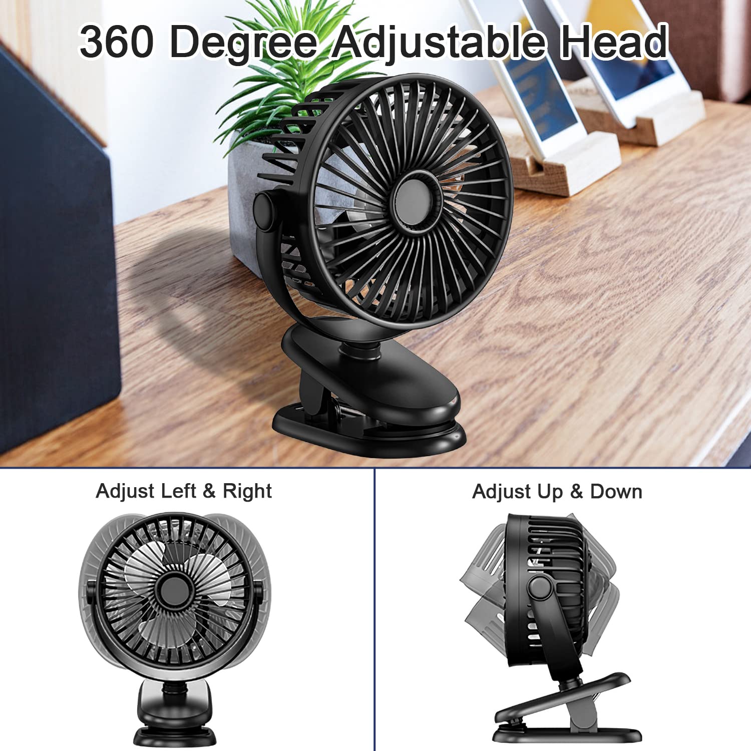 Small Clip on Fan, 2 Speeds USB Fan Powerful Personal Desktop Table Fan, Clip & USB Desk Fan with Sturdy Clamp, 360° Rotate Ultra Quiet operation for Home Office Indoor Bedroom Stroller(Black)
