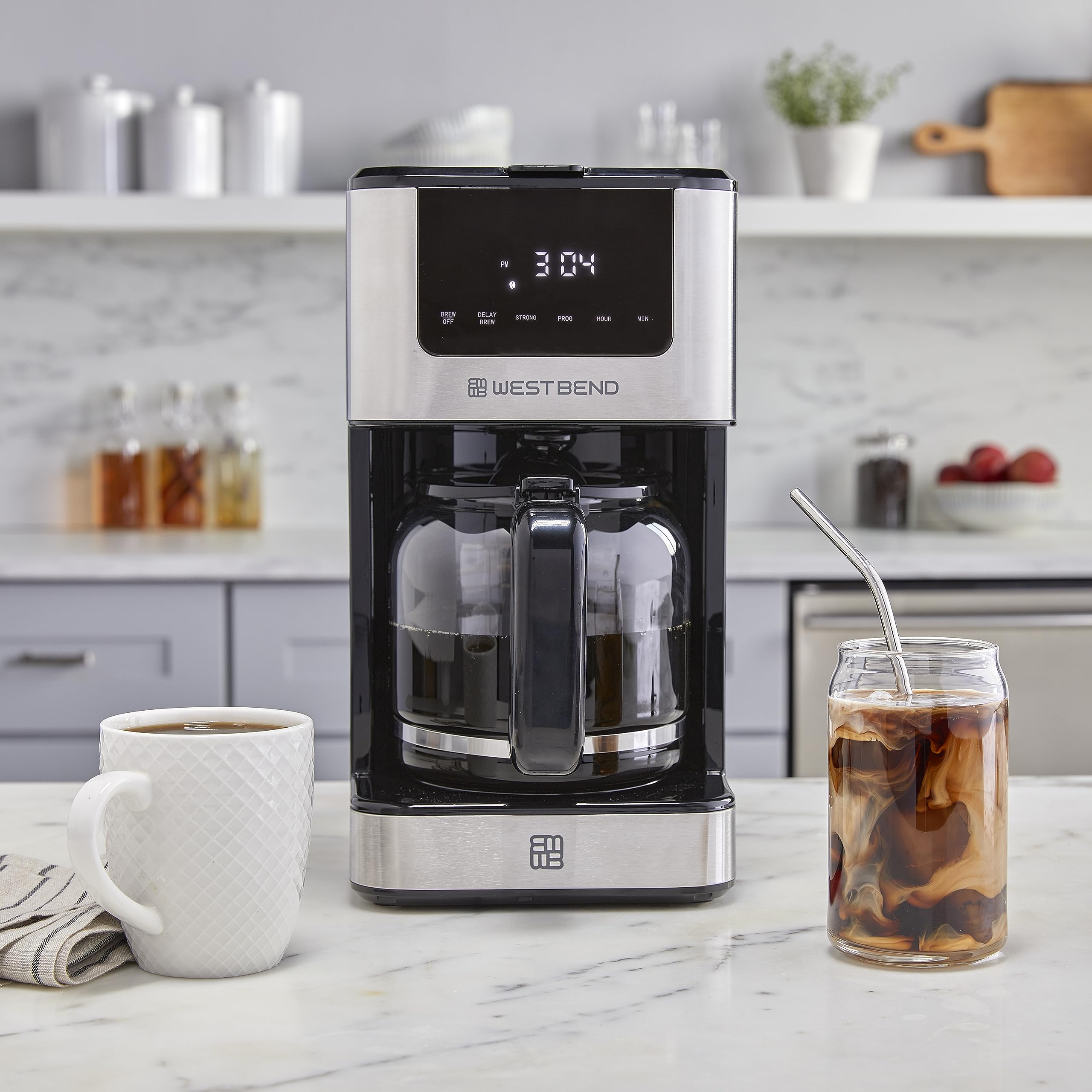 West Bend Drip Coffee Maker Brews Hot or Iced, Programmable with Brew Strength Selector Auto Shut-Off and 6 Functions Permanent Mesh Filter and Glass Carafe, 12-Cup, Metallic,Silver