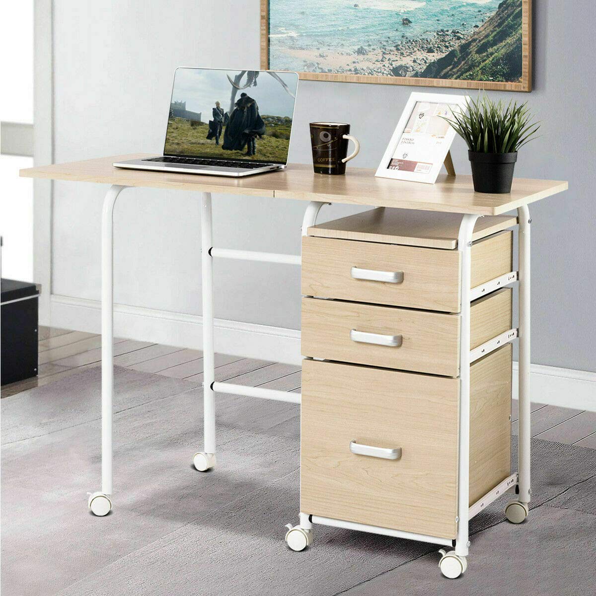 Wavecurl Folding Computer Laptop Desk Wheeled Home Office Furniture with 3 Drawers New