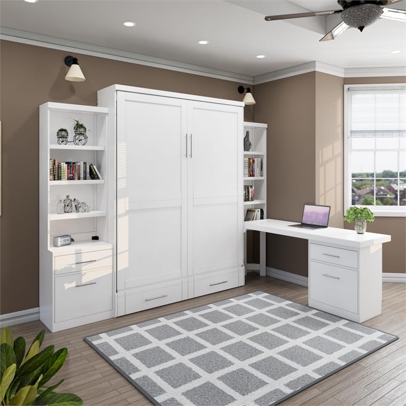 RoomAndLoft Queen Size Murphy Wall Bed in Solid Wood, with Storage and Shelves in White, No Box Spring Needed, Easy Assembly, Up to weight capacity