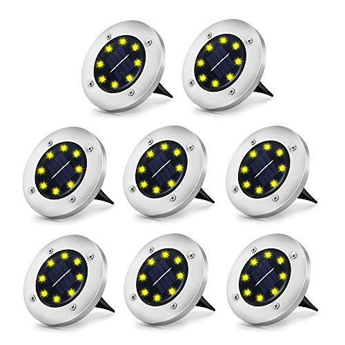 Solar Ground Lights Outdoor with 8 LED Lamp Beads - Solar Disk Lights Waterproof with Light Sensor for Garden, Lawn, Patio, Pathway, Yard, Driveway, Step (8 Packs, Warm White)