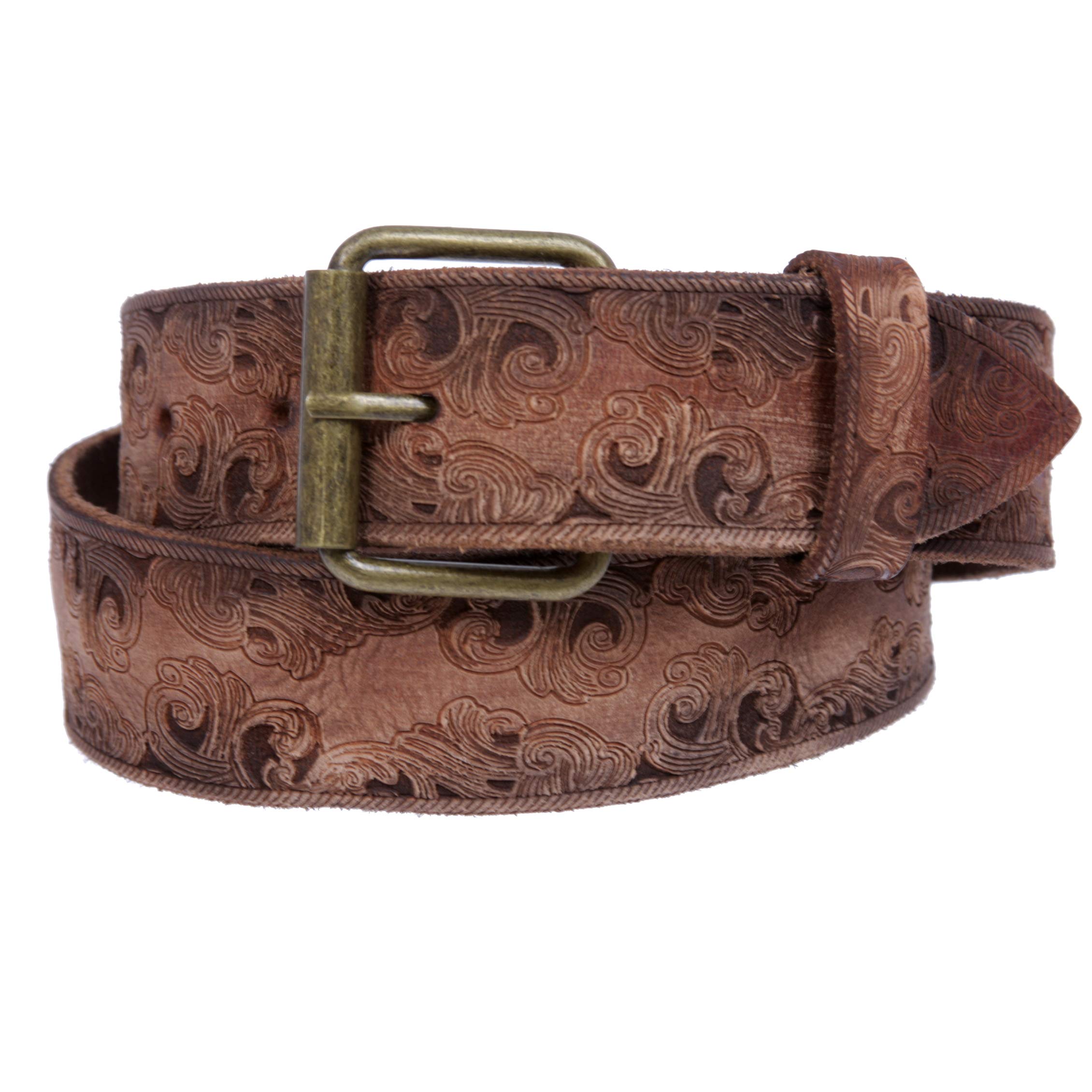 Snap On Soft Hand Floral Embossed Vintage Cowhide Full Grain Leather Casual Belt, Tan | 34