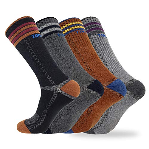 Tom & Mary Men’s Hiking Socks, Cotton (84%), Long Crew, Moisture Wicking, Half Double Cushioned, Lightweight (4 Pairs) (Large Size 11-14)