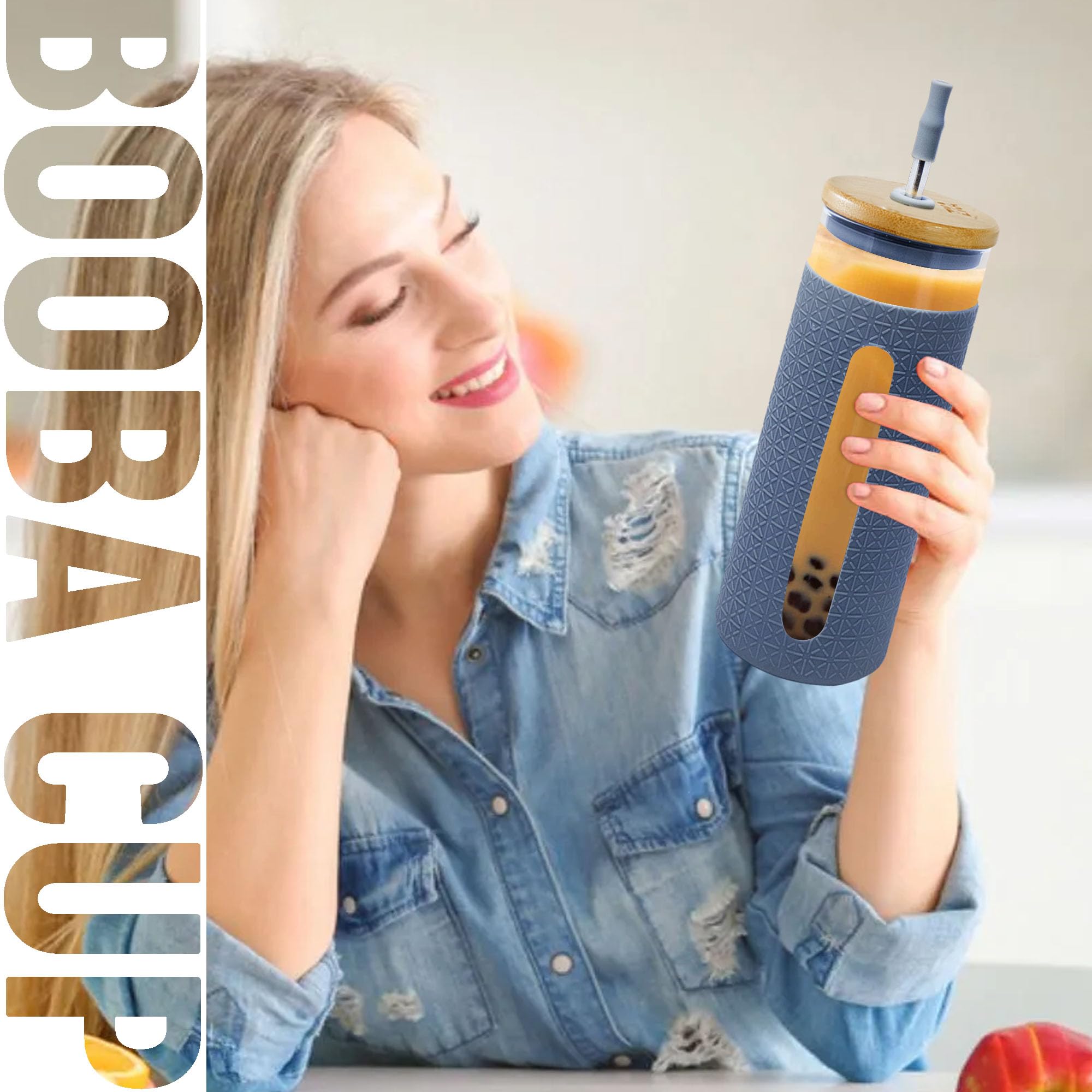 ZKA Global 24 Oz Reusable Boba Cup with Bamboo Lid | 2 Straw With Silicon Tip and Cleaning Brush | Smoothie cup glass tumbler with straw and lid bamboo | Glass Boba Cup with Sleeve