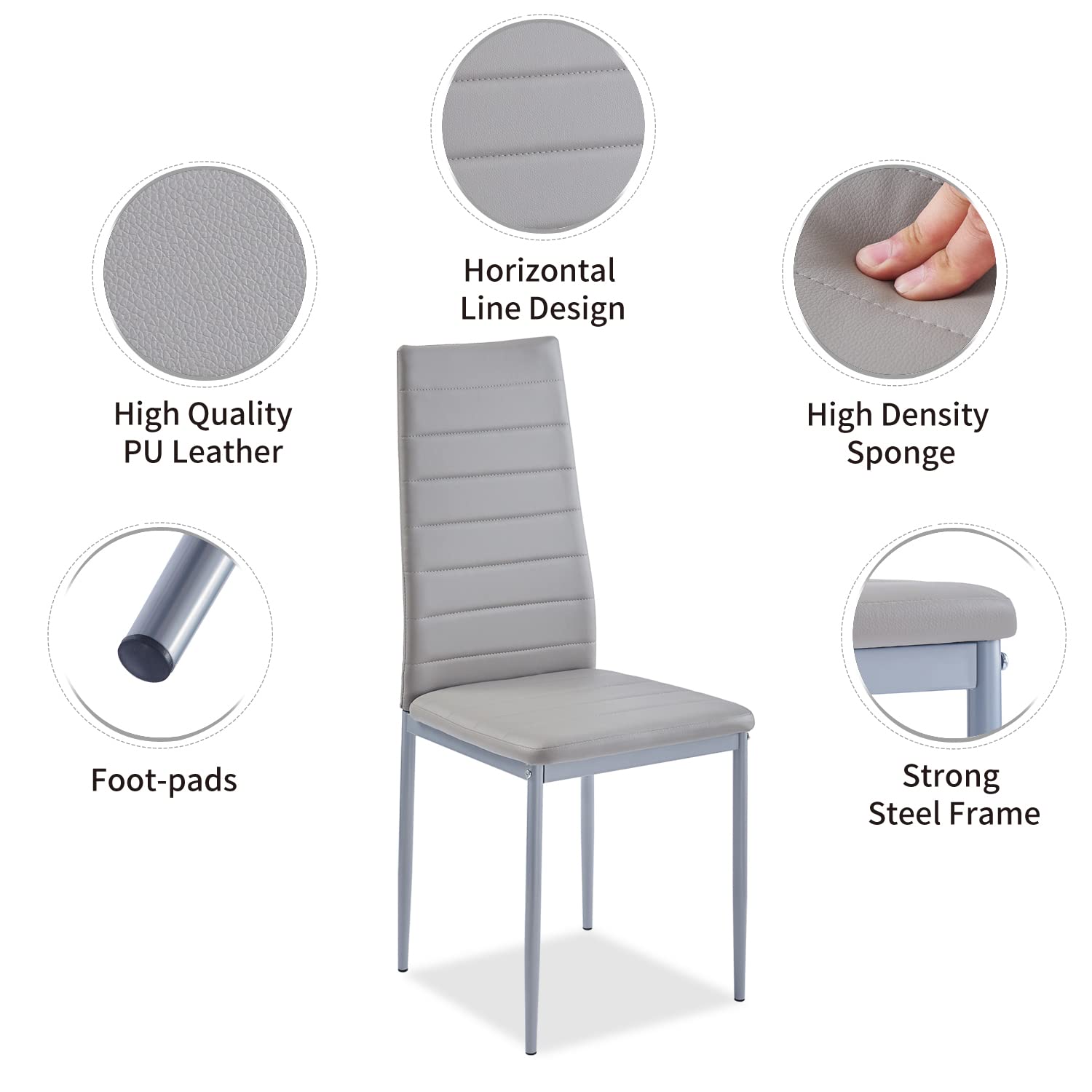 ROZHOME Dining Table Set for 6, 7 Piece Kitchen Table and Chairs with Gray Tempered Glass Table Top and 6 Gray PU Leather Metal Frame Chairs
