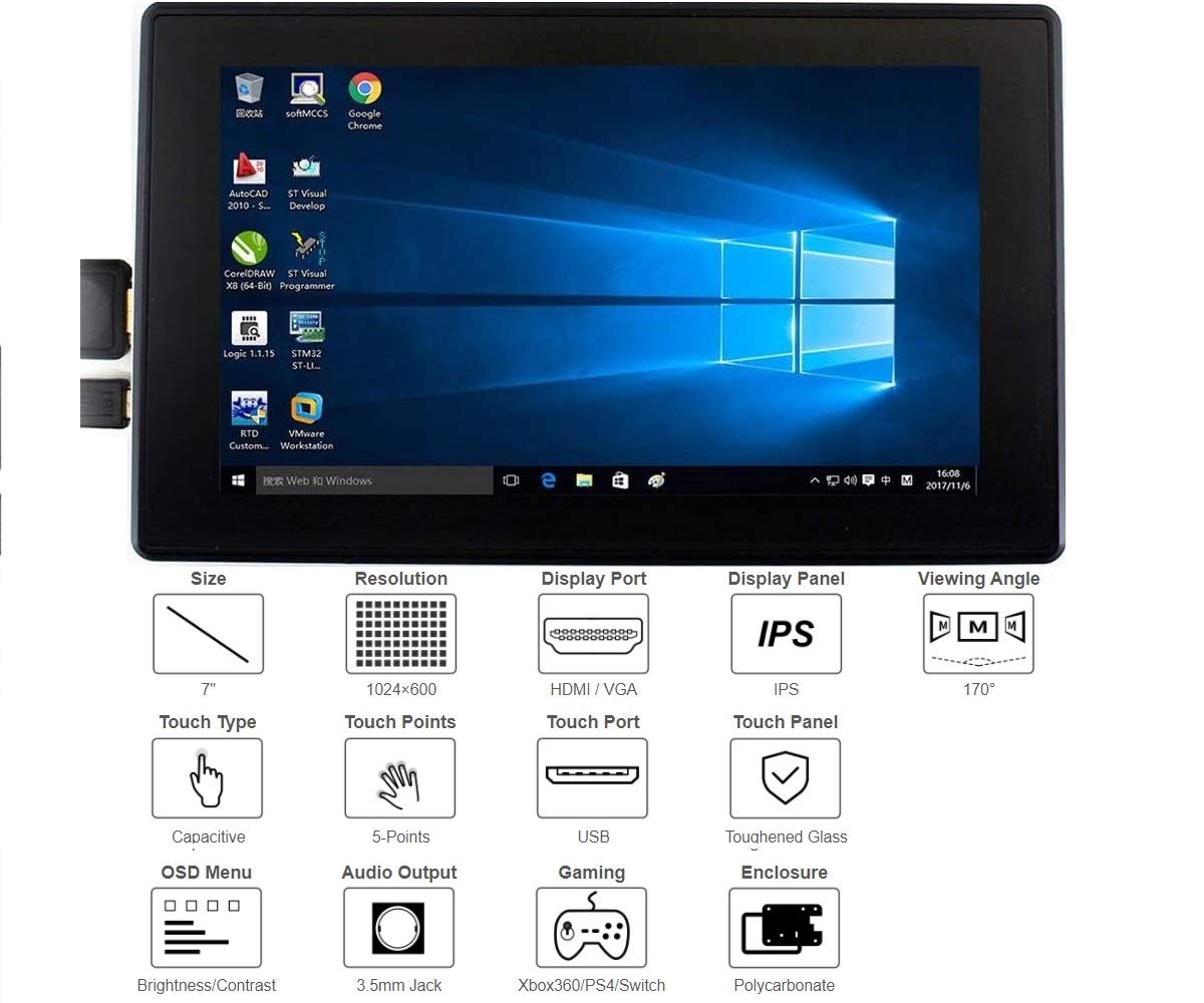 waveshare 7inch HDMI LCD (H) (with case) 1024x600 for Raspberry Pi IPS Display Capacitive Touch Screen Monitor with Toughened Glass Cover Case for Raspberry Pi 4/3/2/1 B B+ A+/Jetson Nano/Windows 10