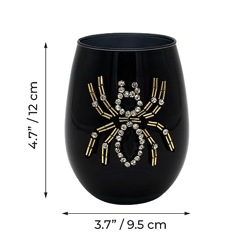 TMD Retail Black Spider Stemless Wine Glass - 22 oz - Spooky Halloween Decor Black Glass with Beaded Spider Applique Design
