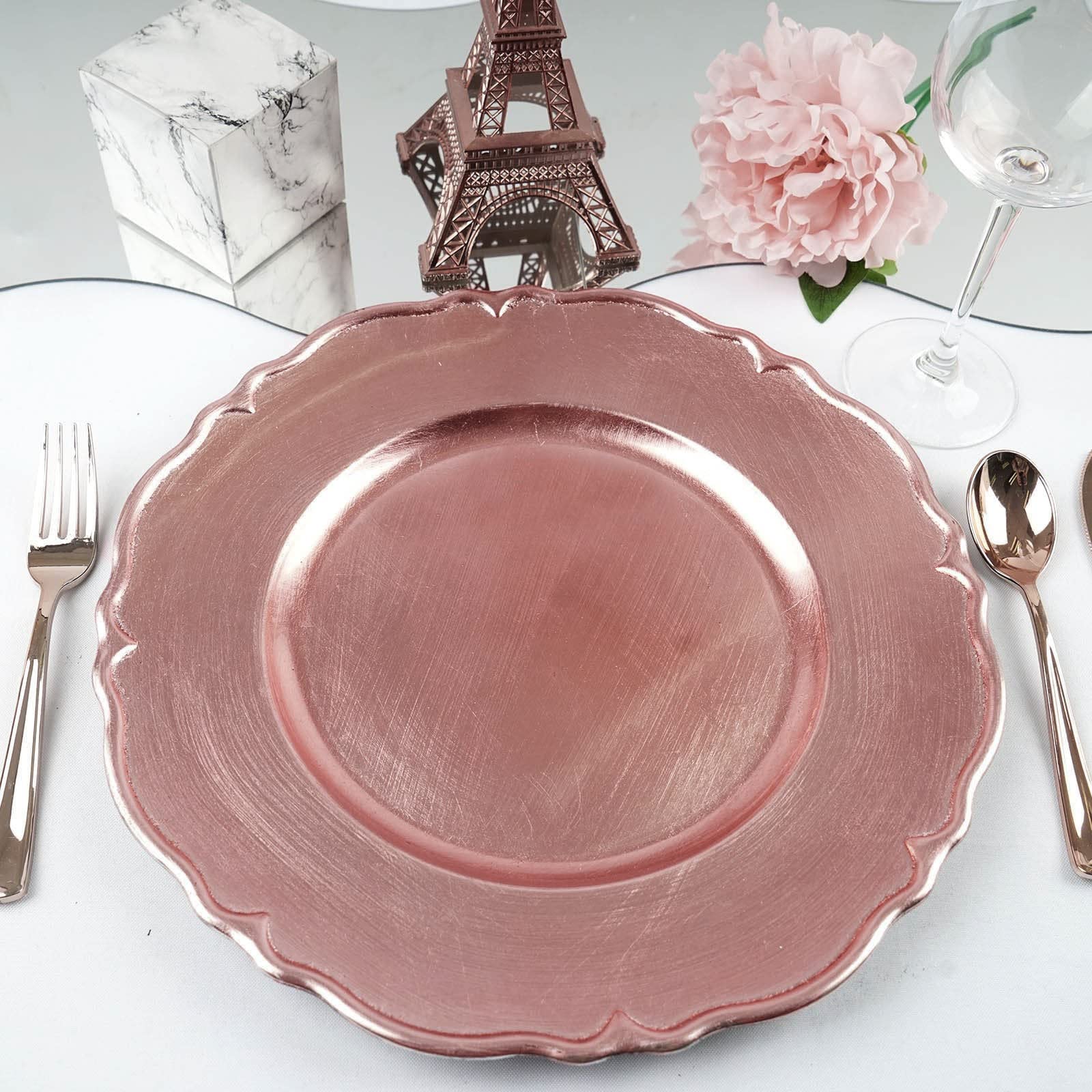 TABLECLOTHSFACTORY 13" Metallic Blush Rose Gold Scalloped Edge Acrylic Plastic Charger Plates for Table Decor -Set of 6