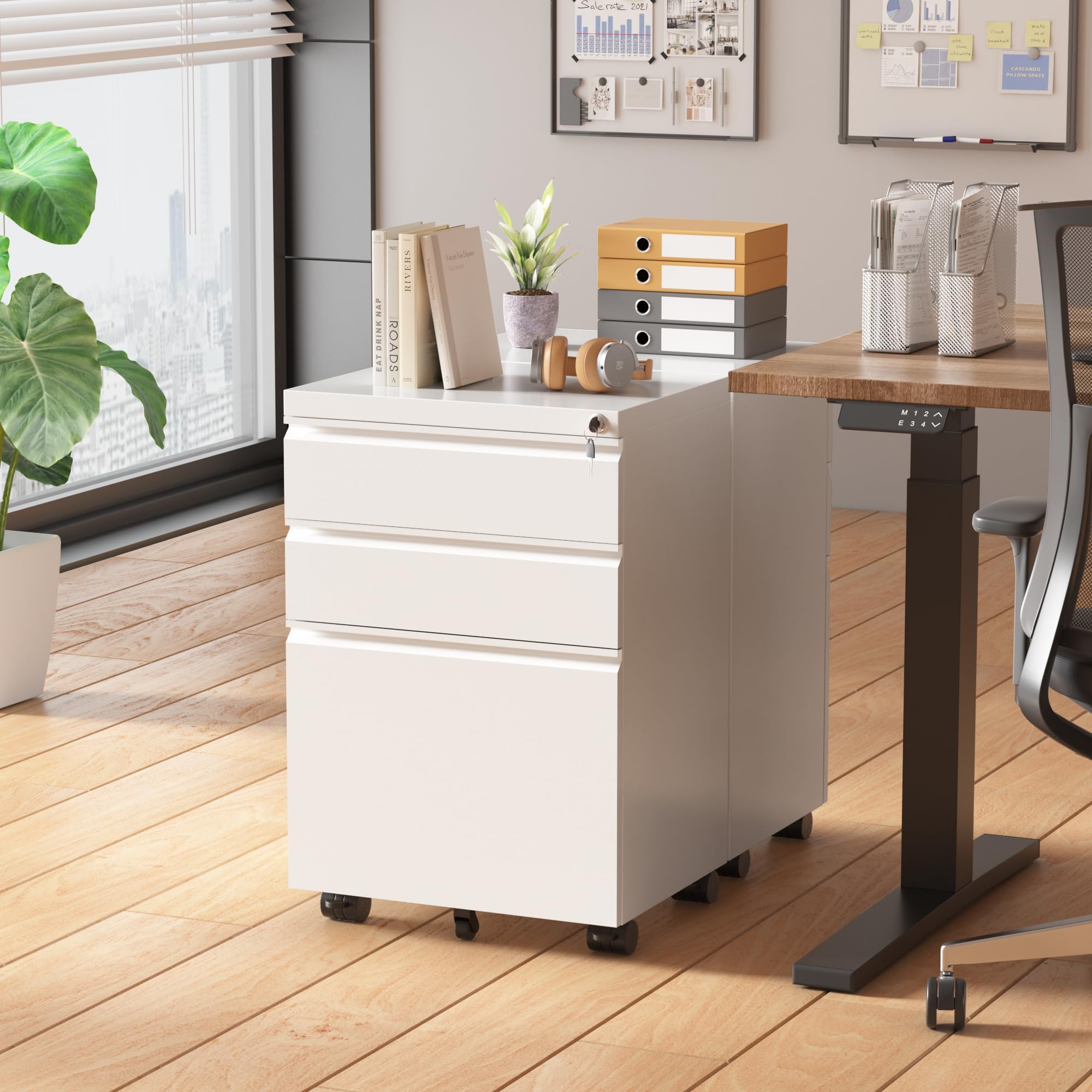 Superday White 3 Drawer Mobile Locking File Cabinet, Metal Rolling Vertical File Cabinet with Drawers, Small Under Desk Lateral Cabinet for Office and Home, Fully Assembled Except Wheel