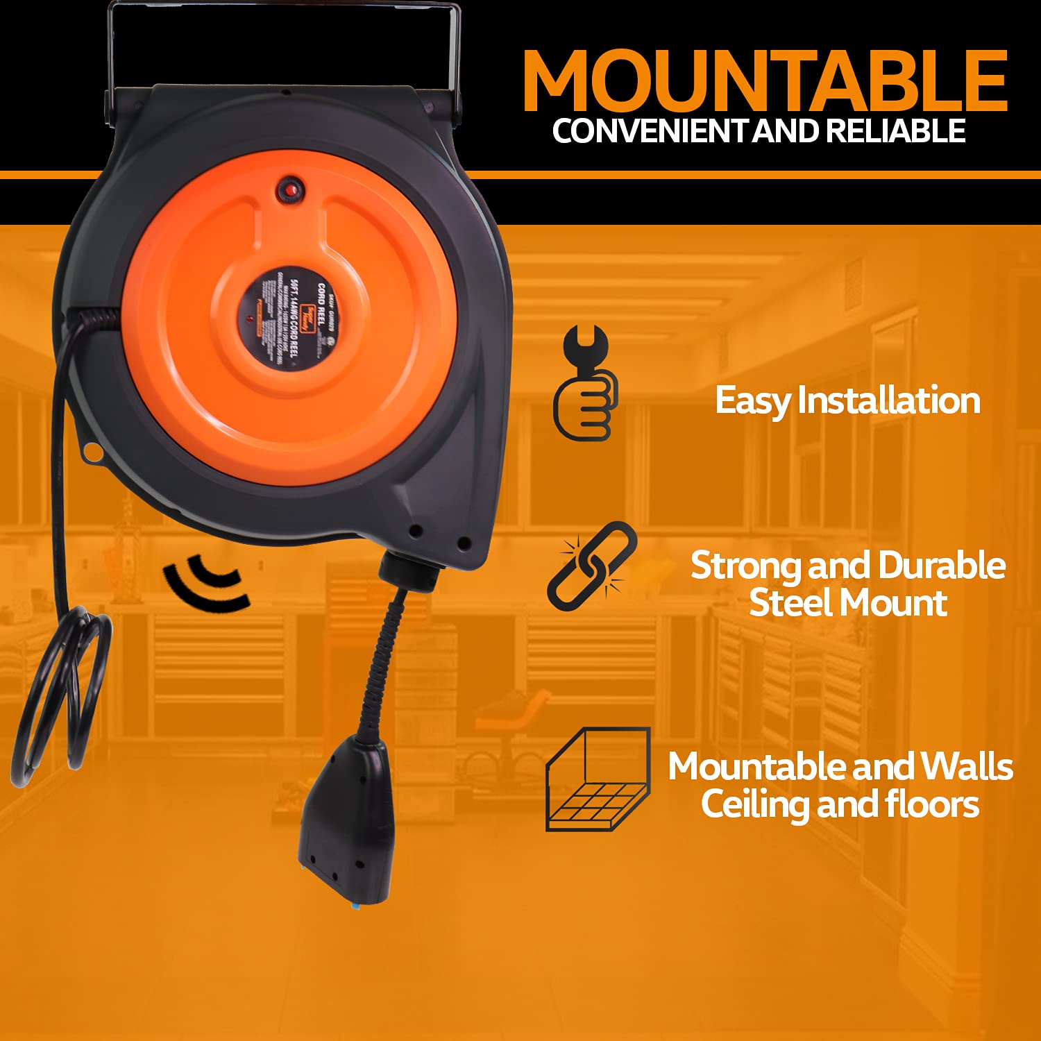 SuperHandy Cord Reel, Retractable, (14AWG x 50' Ft) 3 Outlet - Works with Alexa Built-in Smart Plugs, IP64 Waterproof, 13A 1625W, Slow & Safe Retraction