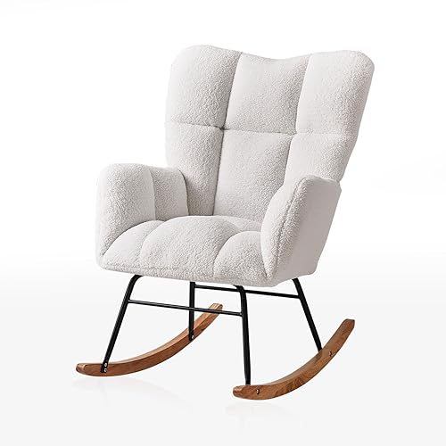 Virabit Small Rocking Chair Nursery, Upholstered Glider Rocker Rocking Armchair for Baby Nursery, Comfy Accent Chair for Nursery, Living Room, Bedroom (Beige)