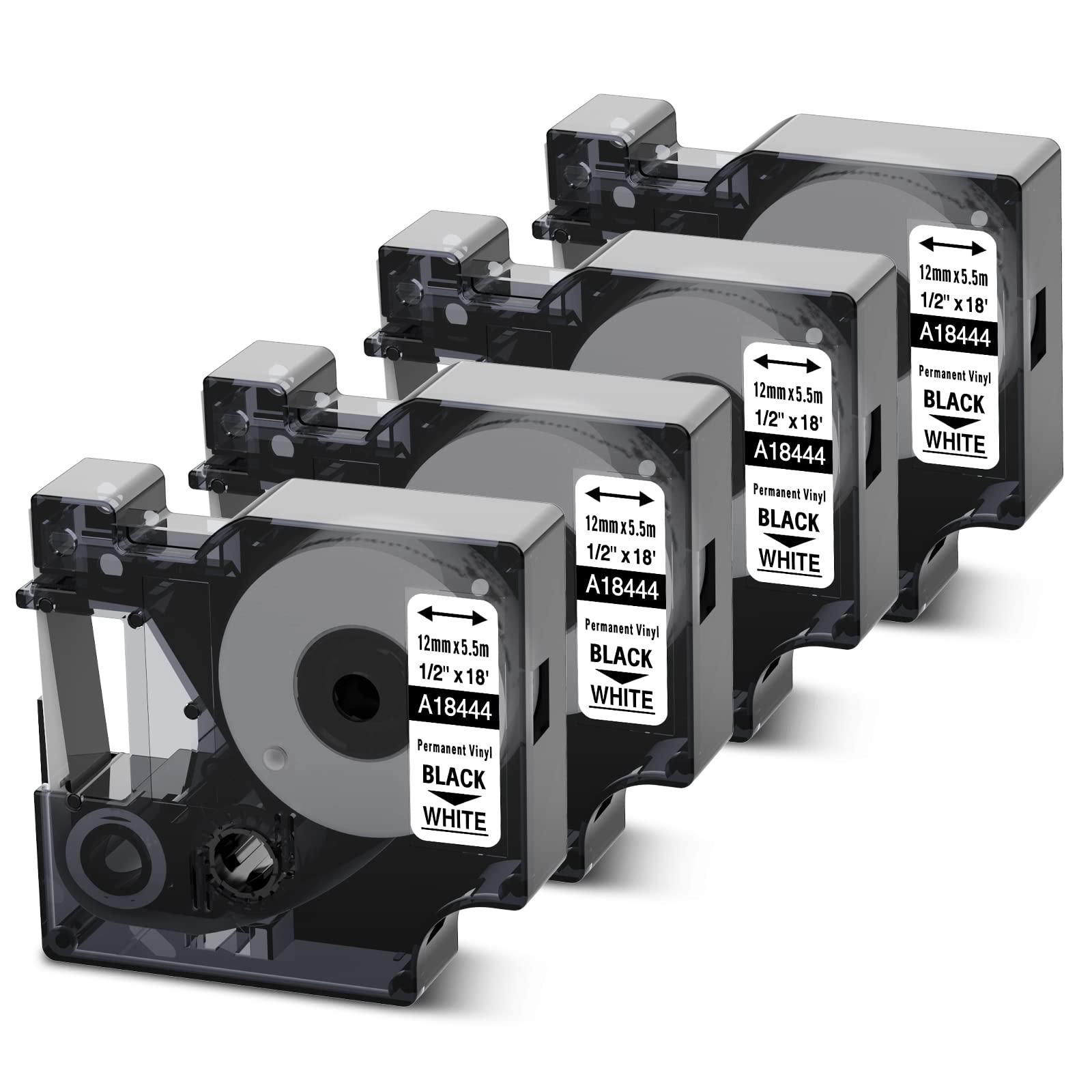 Rhino 4200 Label Tape Replacement for Dymo 18444 Vinyl 1/2 Inch Work with Rhinopro 4200 5000 5200 6000 3000 Label Maker Tape Industrial Permanent Refills, 1/2"X18', 4 Pack