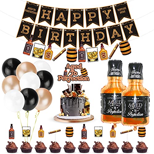 Whiskey Birthday Party Decorations, Aged to Perfection Birthday Party Supplies Whiskey Birthday Banner Garland, Whiskey Cake Toppers, White Black Champagne Gold Balloons Whiskey Bottle Foil Balloons