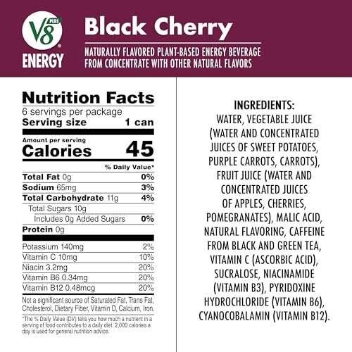 V8 +ENERGY Black Cherry Energy Drink, Made with Real Vegetable and Fruit Juices, 8 FL OZ Can (4 Packs of 6 Cans)