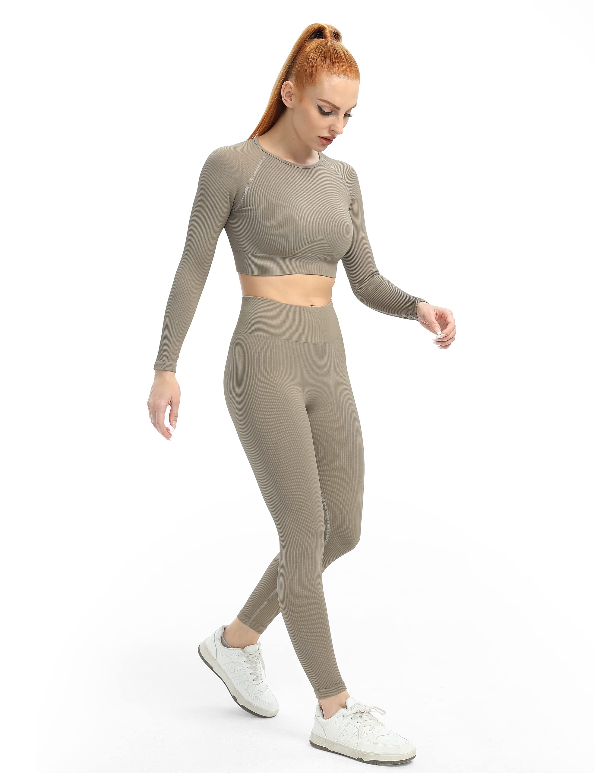 VALANDY Women's Long Sleeve Crop Tops Seamless Workout Shirts Fitted Crewneck Ribbed Running Tees Light Grey