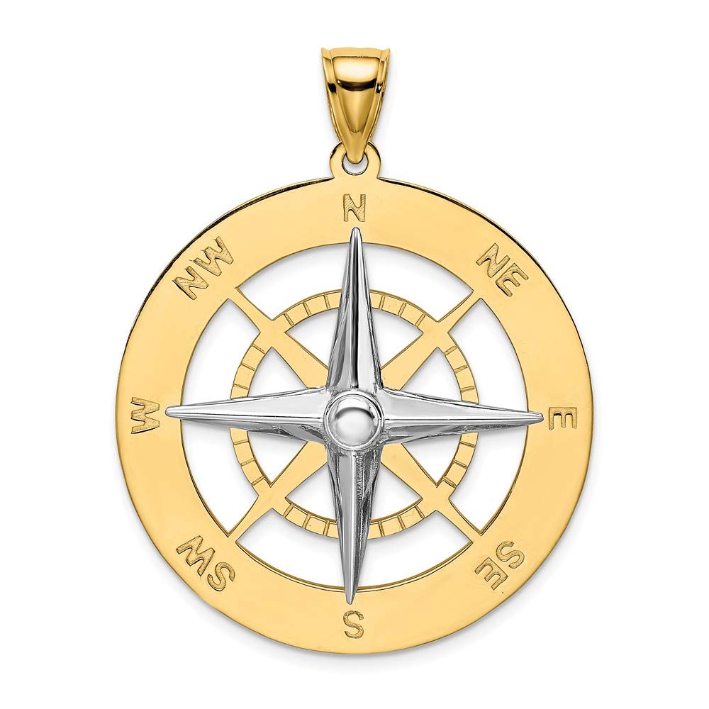 Solid 14k Yellow Gold Two Toned Nautical Compass White Needle Charm Pendant - 41mm x 33mm