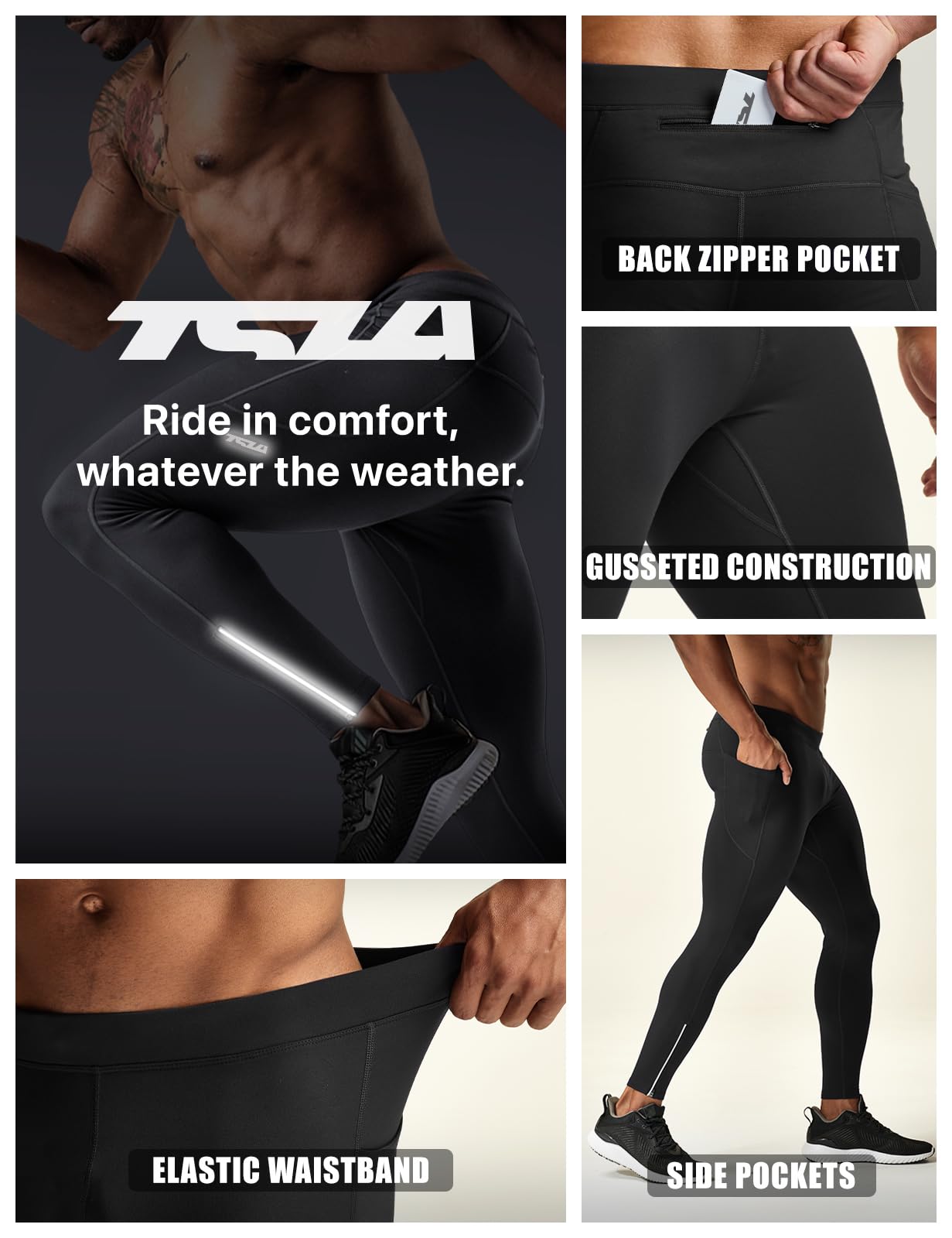 TSLA Men's Thermal Running Tights, Fleece Lined Compression Cycling Pants, Winter Cold Weather Leggings with Zipper Pocket, Running Tights Dark Grey, Medium