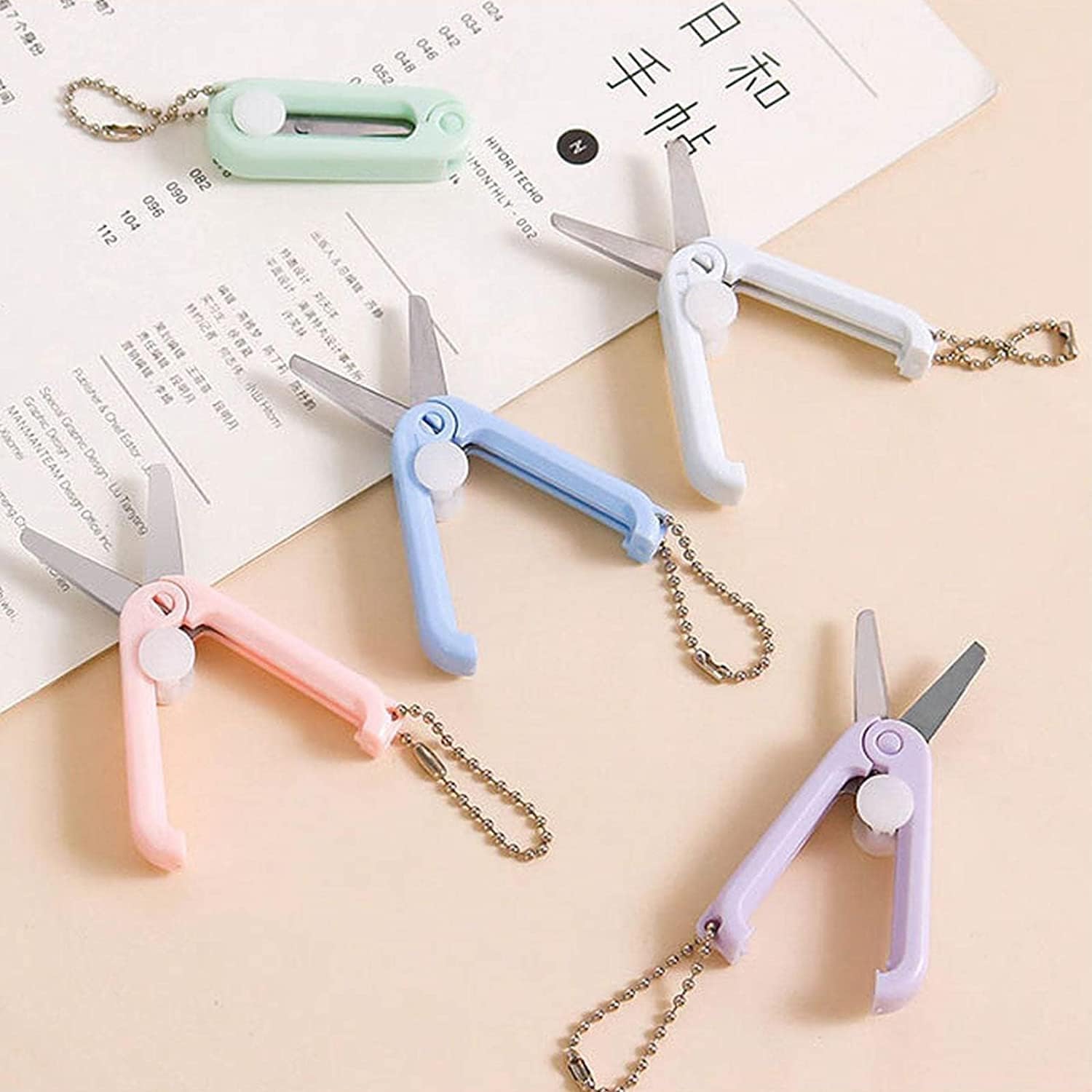 White Folding Scissors Safe Portable Travel Scissors Mini Scissor Foldable Telescopic Cutter Pocket with Keychain for Cutting, Scrapbooking, Crafting, Sewing