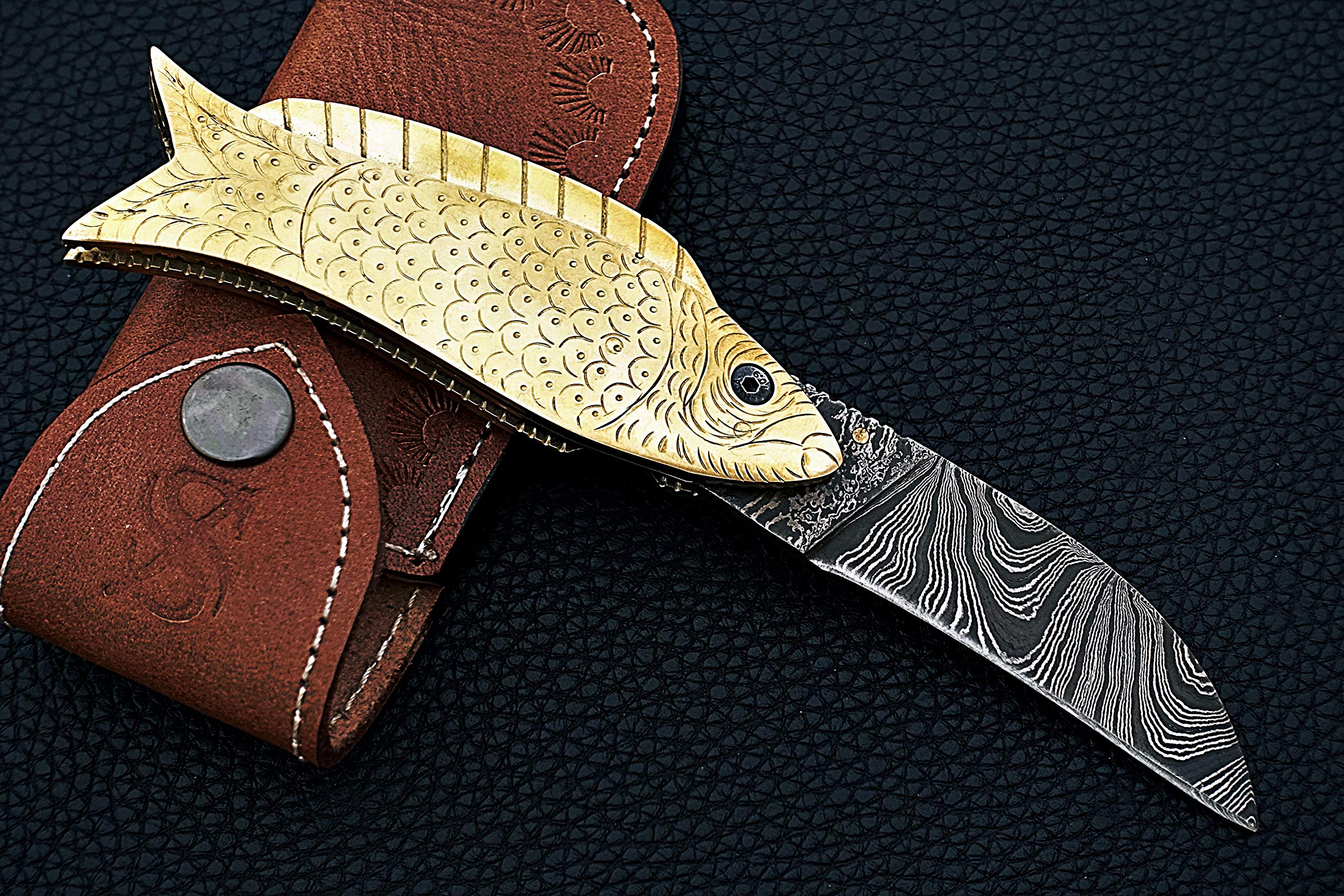Smart & Sharp Custom Handmade Damascus Steel Fish Knife/Folding Knife/Pocket Knife SS-17370(Brass Engraved Handle) (brass)