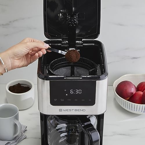 West Bend Drip Coffee Maker Brews Hot or Iced, Programmable with Brew Strength Selector Auto Shut-Off and 6 Functions Permanent Mesh Filter and Glass Carafe, 12-Cup, Metallic,Silver
