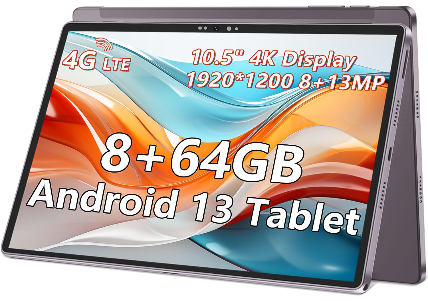 Tablet 10.5 inch Android 13 Tablet 2023 Latest Octa-Core Processor with 8GB RAM 64GB ROM, Dual 13MP+8MP Camera, 4G LTE Cellular with 2.4/5.0GHZ Dual WiFi, Bluetooth, GPS, 1TB Expand, 2K IPS