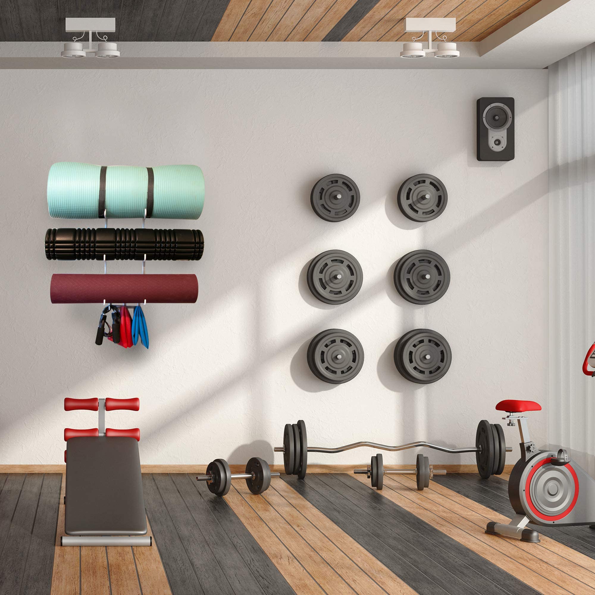 Wall Mount Yoga Mat Storage with 3 Hooks | Exercise Equipment Rack for Yoga Band Foam Roller Workout Accessories - Home Gym Organizer Metal Hanging Decor | Tranquil Fox