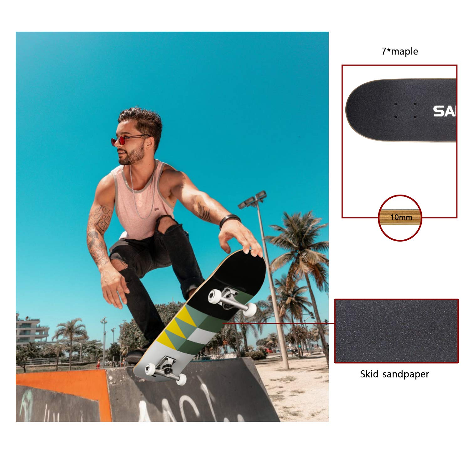 SAMHUO Skateboards for Beginners,31''X 8" Pro Complete Skateboard 7 Layer Canadian Maple Skateboard Deck for Extreme Sports and Outdoors
