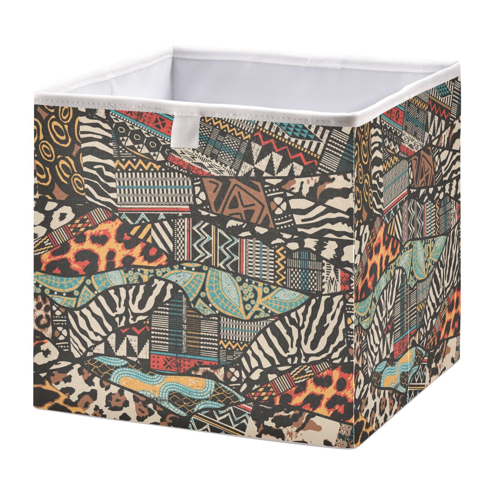 Vnurnrn Cube Storage Bins African Pattern Patchwork, Collapsible Storage Box with Support Board, Foldable Fabric Basket for Shelf Closet Cabinet 11.02×11.02×11.02 in