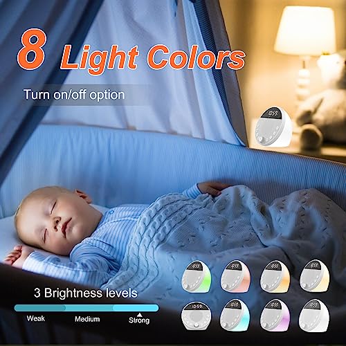 White Noise Machine with 18 Soothing Sounds, Digital Alarm Clock, 8 Light Colors and Timer Options,Sound Machine for Babies and Kids, Noise Machine for Better Sleep and Relaxation