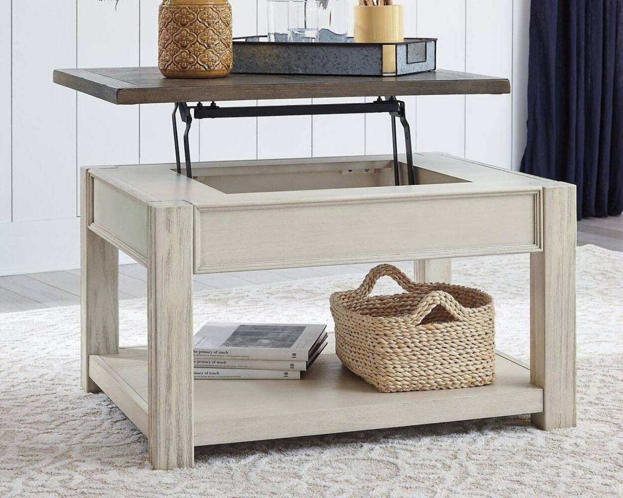 Signature Design by Ashley Bolanburg Farmhouse Lift Top Coffee Table with Floor Shelf, Weathered Brown & White